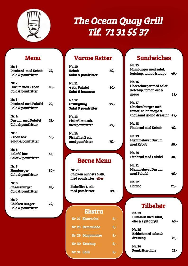 Menu at The Ocean Quay Diner restaurant, Copenhagen