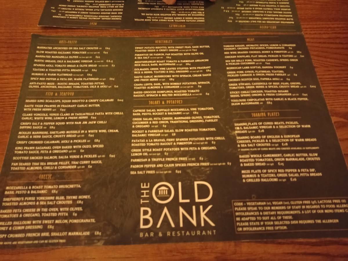 Menu at The Old Bank restaurant, Cross Hills