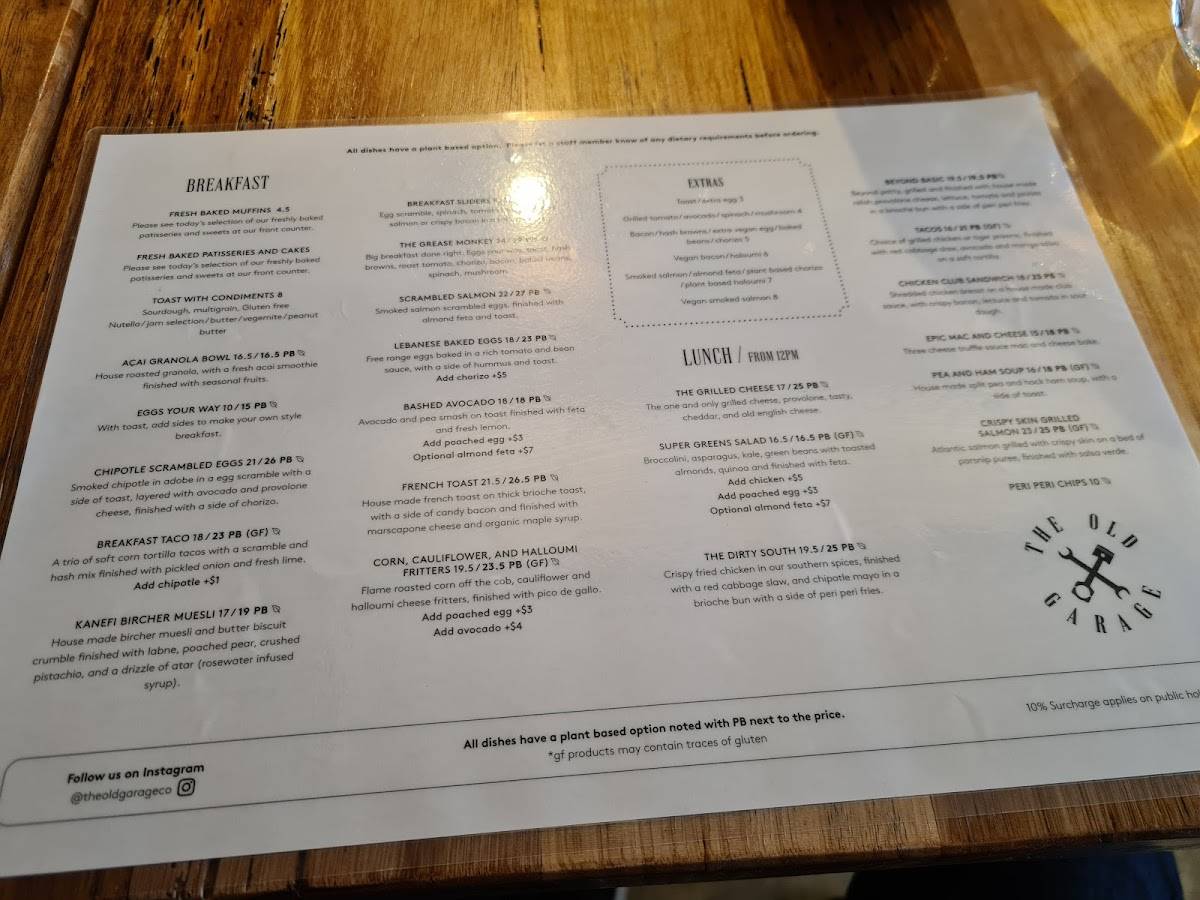 Menu at The Old Garage cafe, Camberwell