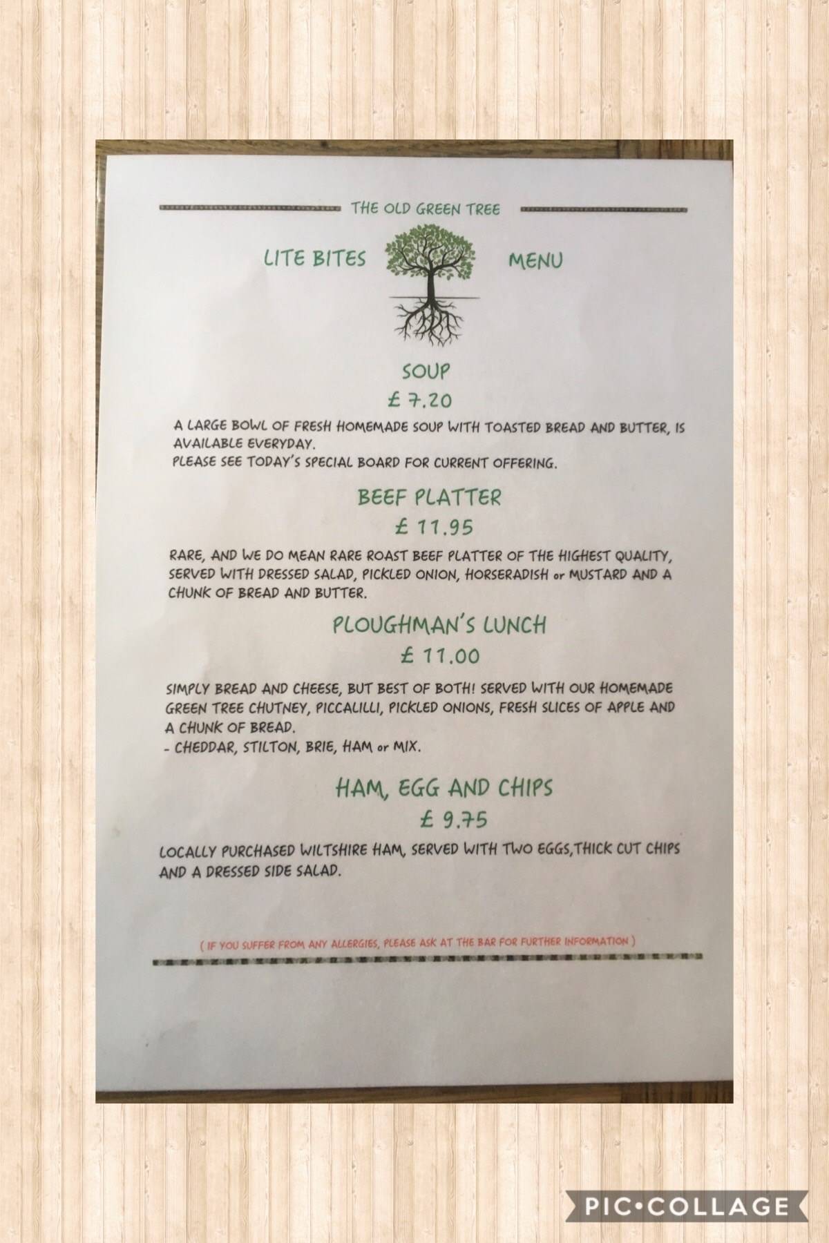Carta del pub y bar The Old Green Tree, Bath