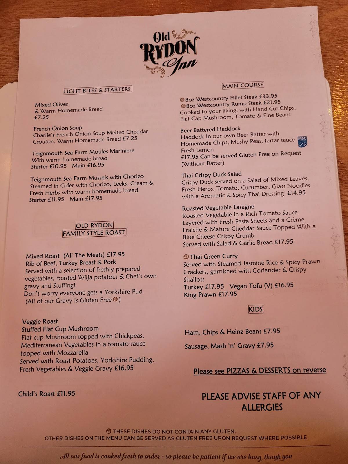 Menu at The Old Rydon Inn pub & bar, Newton Abbot