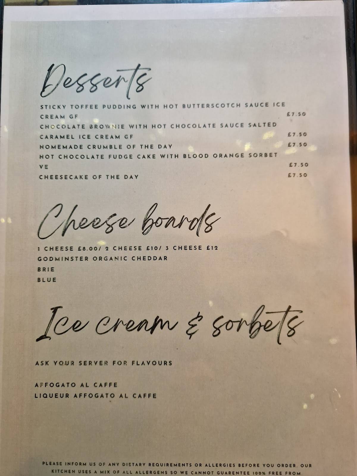 Menu at The Old Ship Aground restaurant, Minehead