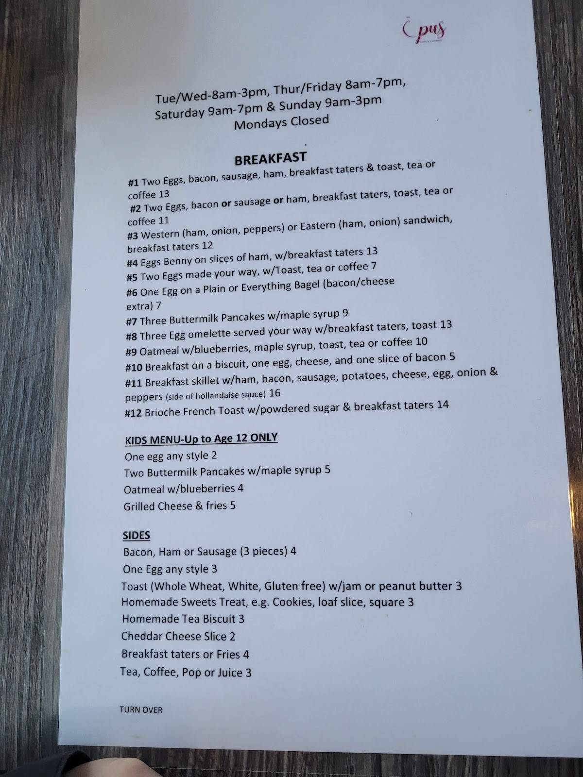 Menu at The Opus Cafe & Catering, Cherry Brook