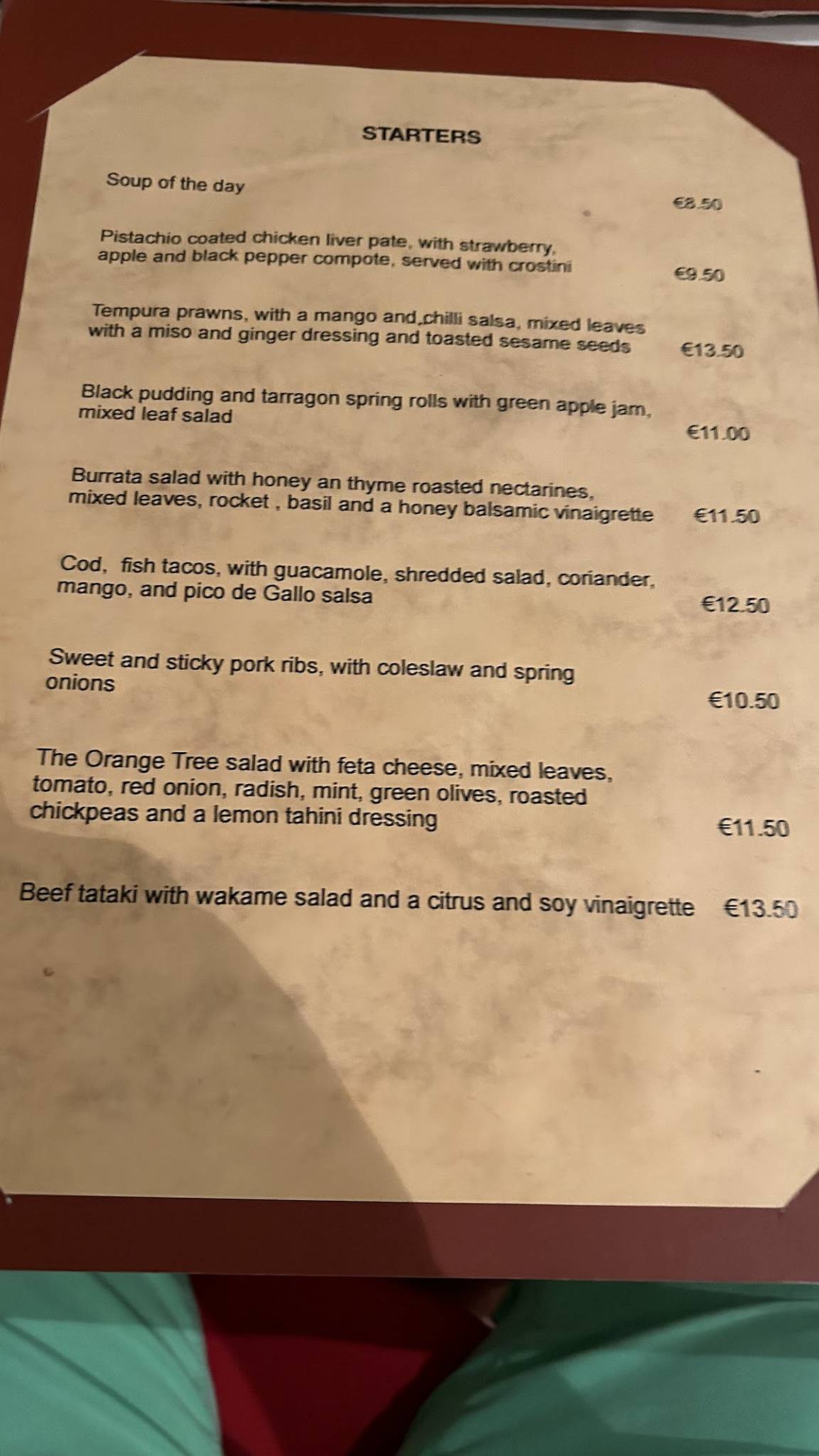 Menu at The Orange Tree restaurant, Marbella, Pl. Gral. Chinchilla