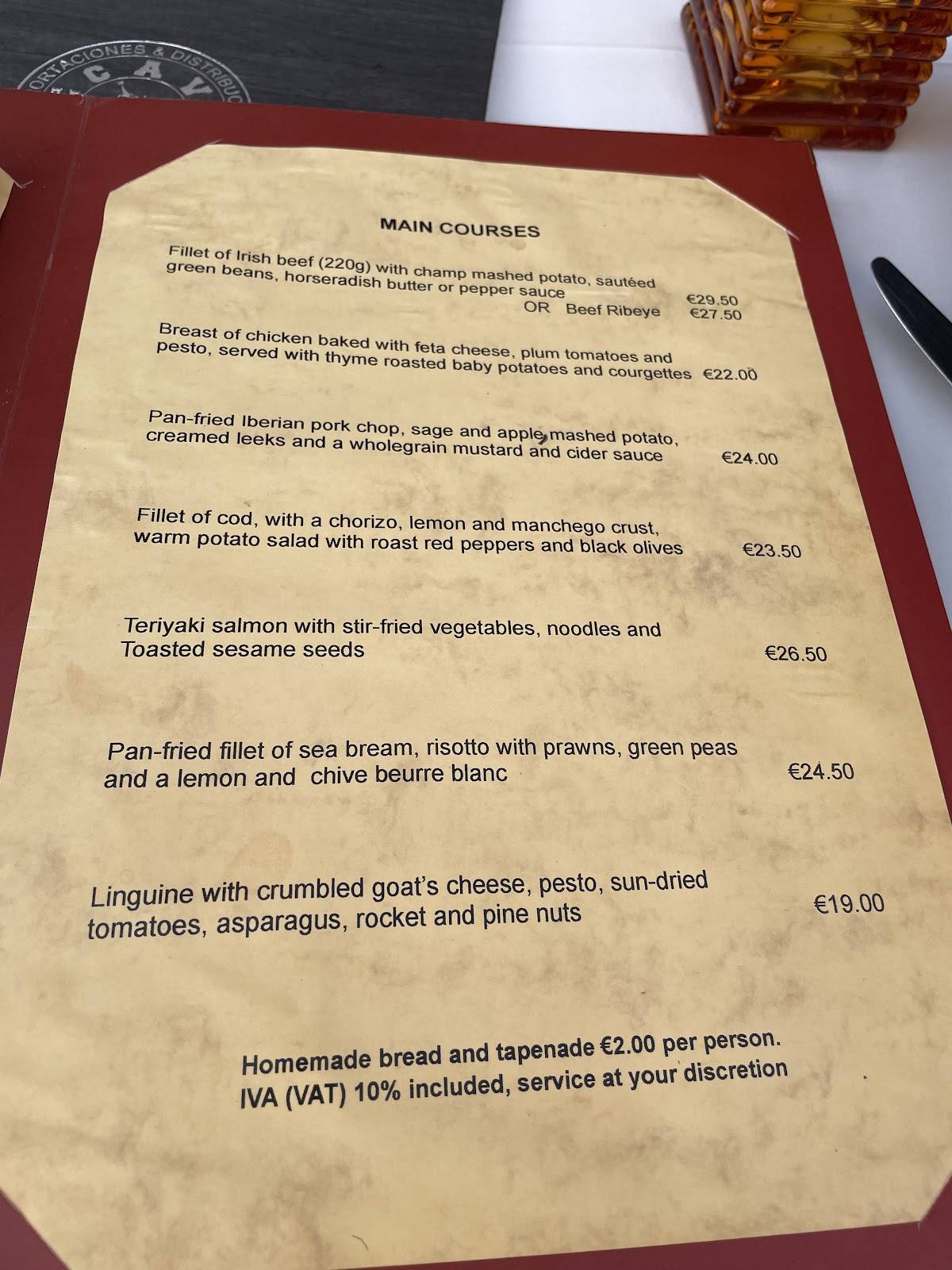 Menu at The Orange Tree restaurant, Marbella, Pl. Gral. Chinchilla