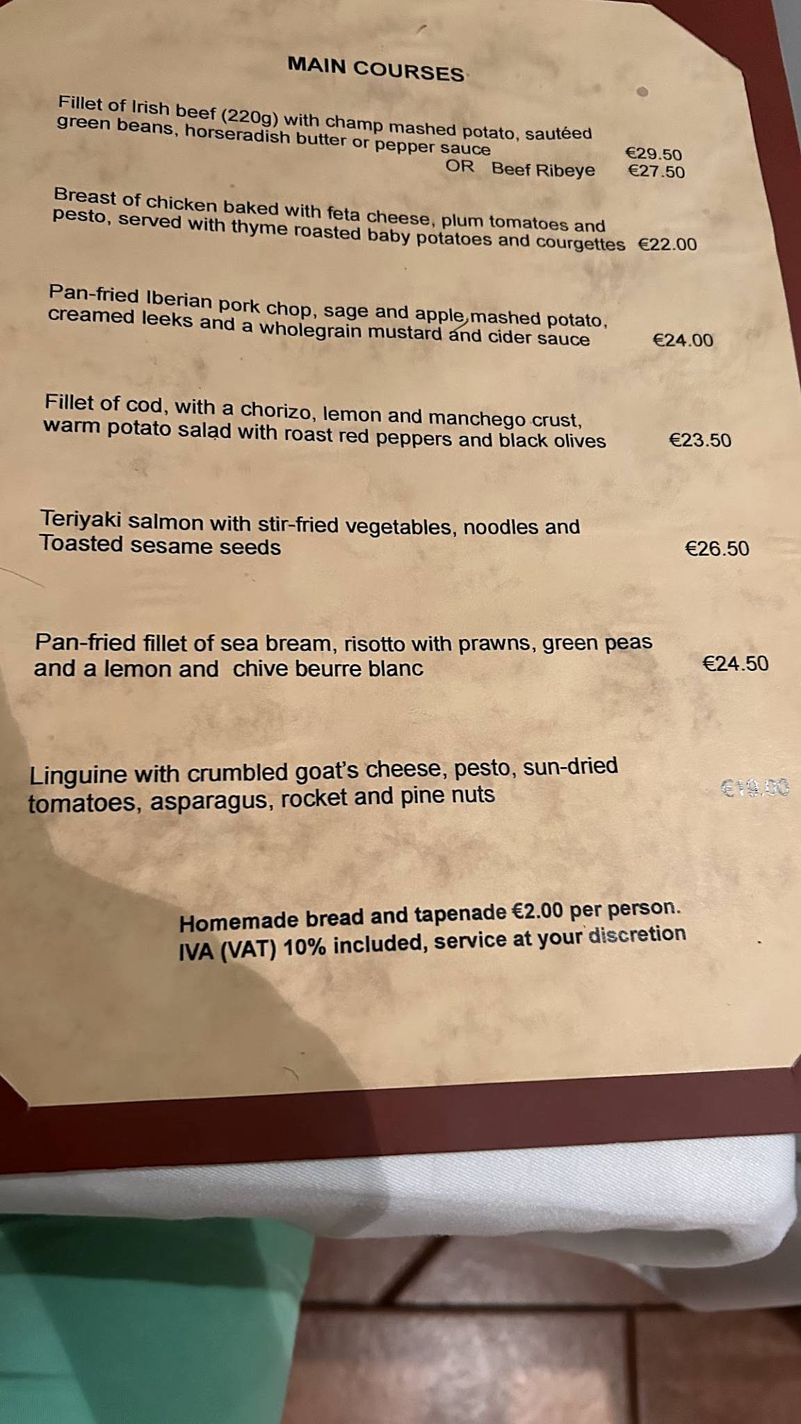 Menu at The Orange Tree restaurant, Marbella, Pl. Gral. Chinchilla