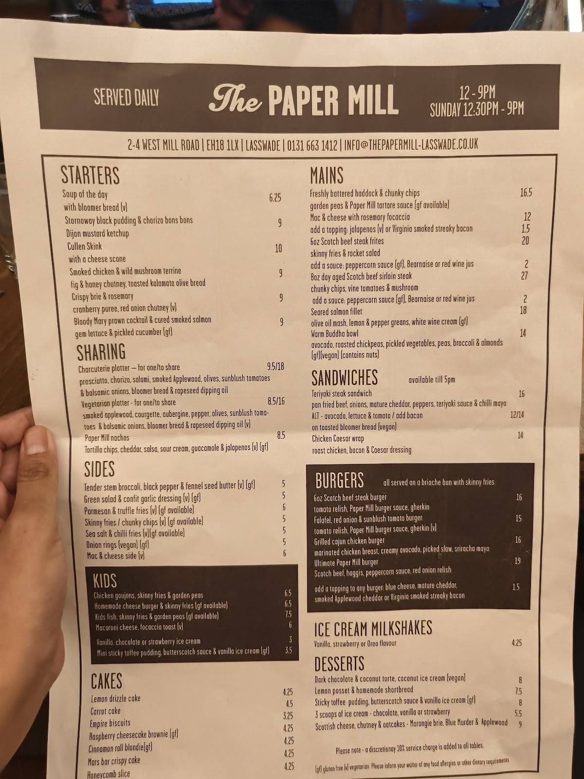 Menu at The Paper Mill restaurant, Lasswade, 2-4 Westmill Rd