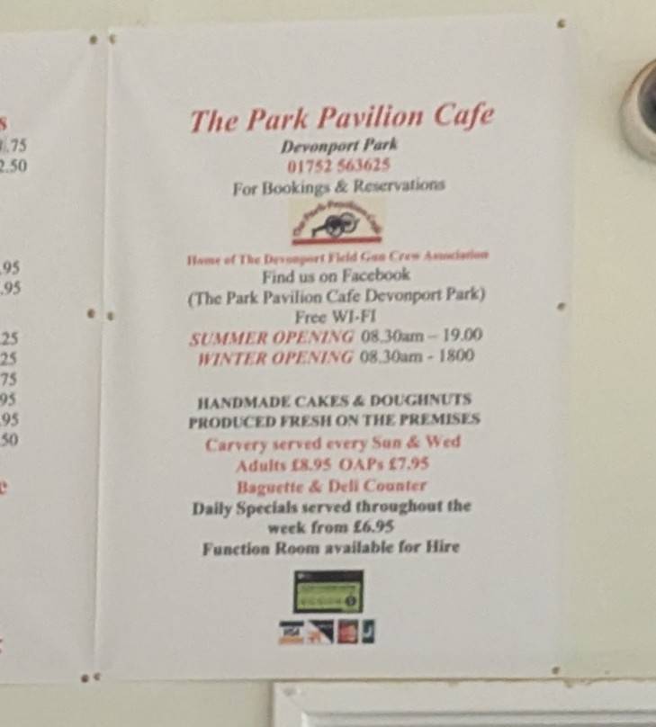 Menu at The Park Pavilion Café Devonport cafe, Plymouth