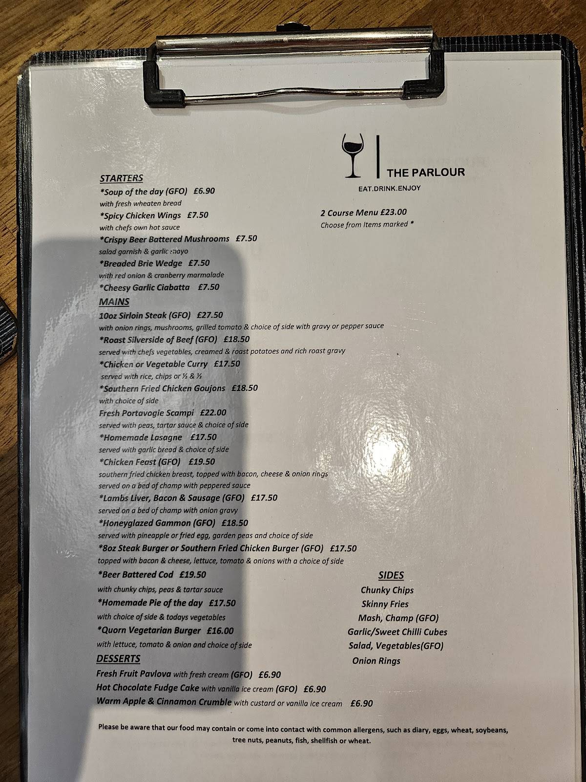 Menu at The Parlour Bar & Restaurant, Newtownards