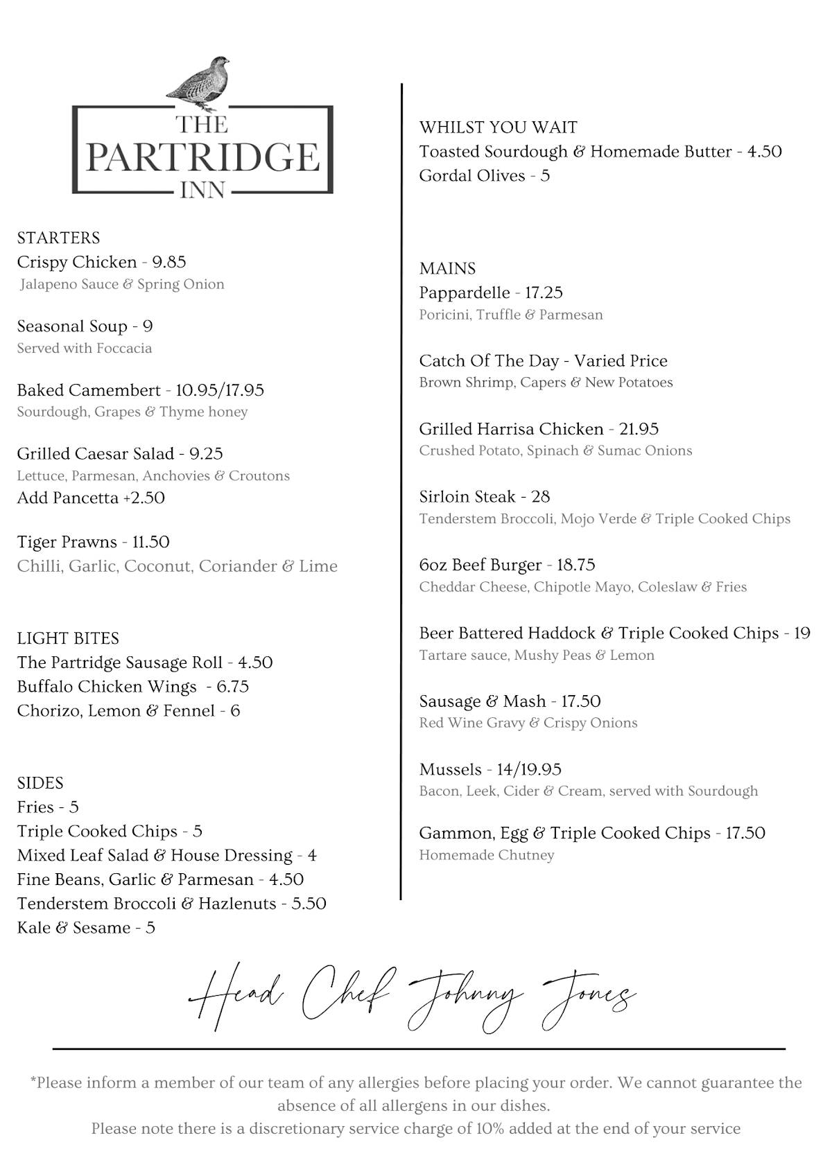Menu at The Partridge Inn pub & bar, Westhampnett