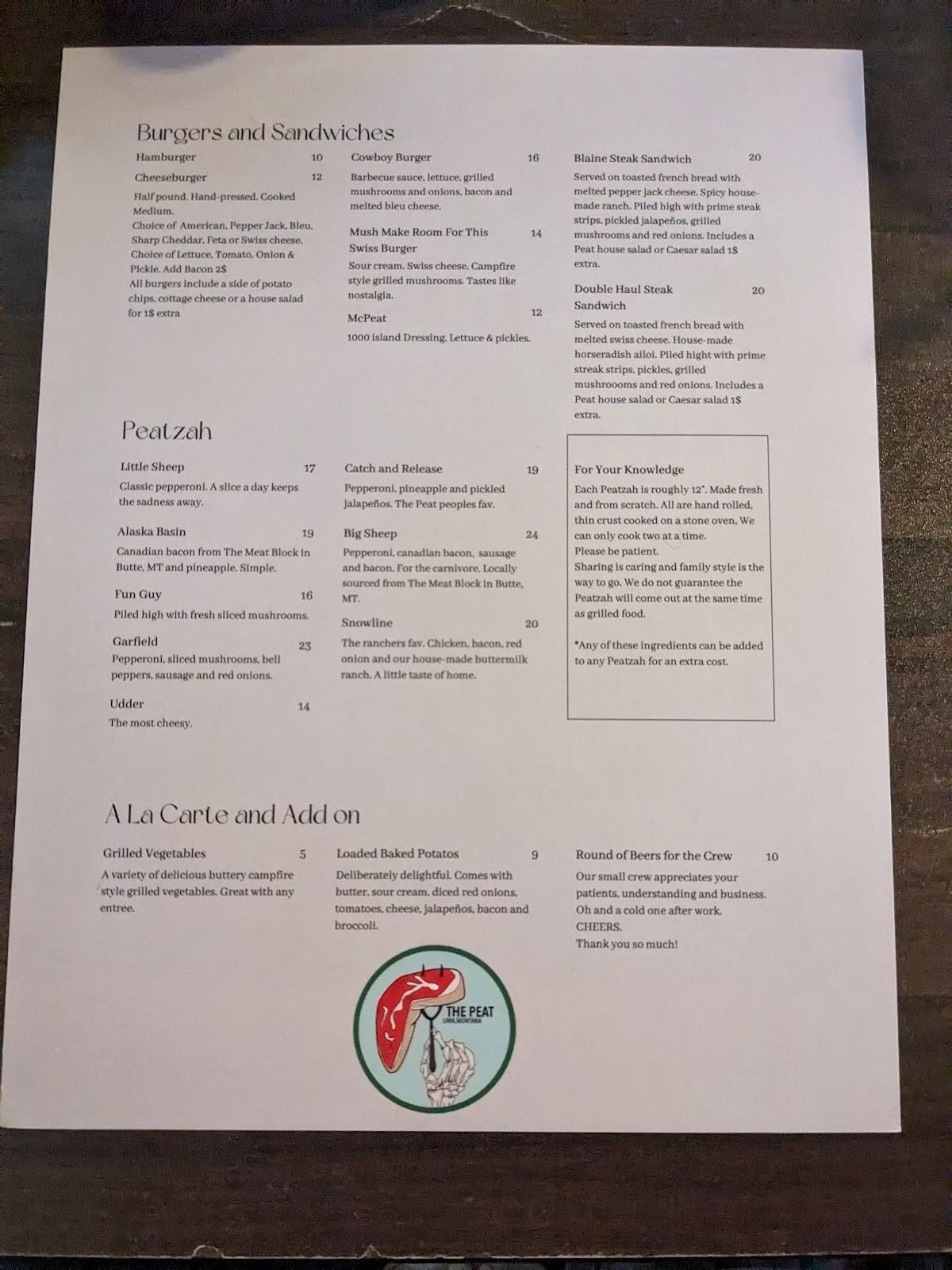 Menu at The Peat Steakhouse & Saloon, Lima