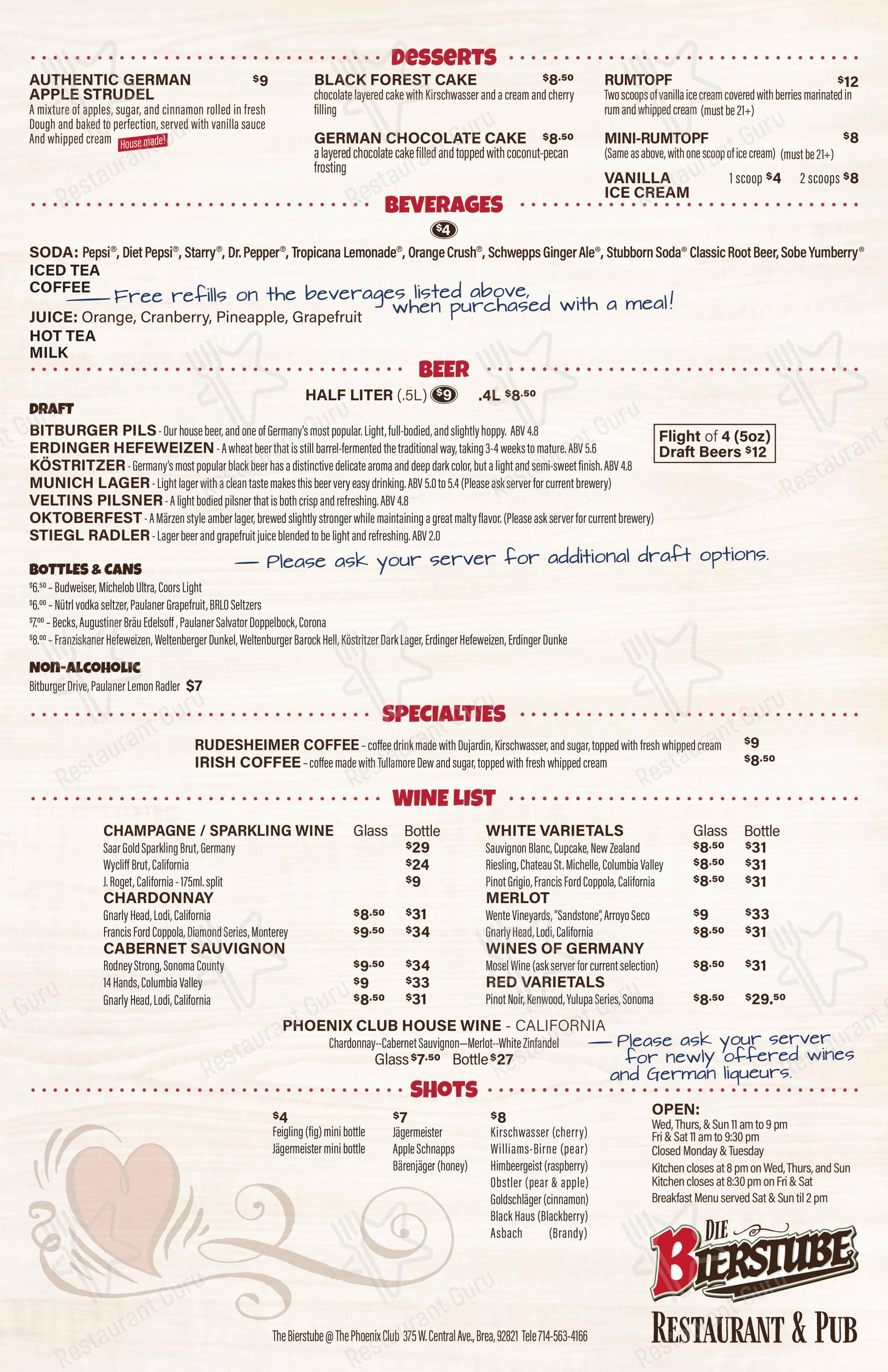 Menu at The Phoenix Club, Anaheim