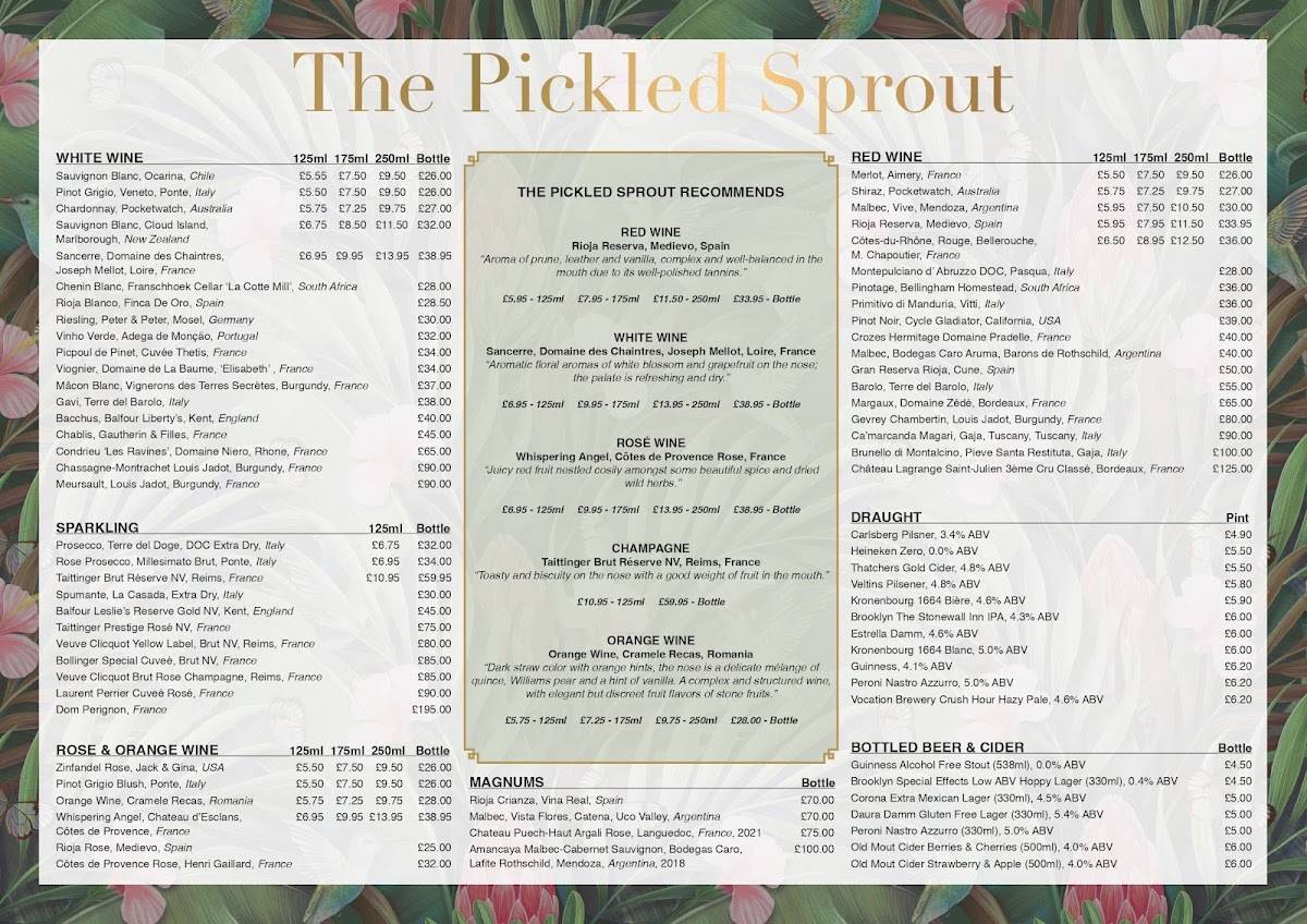 Menu at The Pickled Sprout restaurant, Harrogate, 1 John St