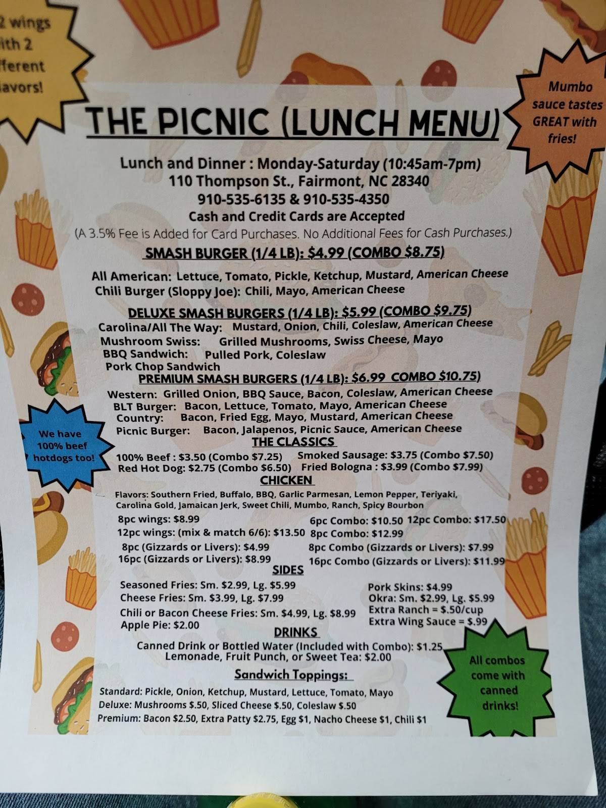 Menu at The Picnic restaurant, Fairmont