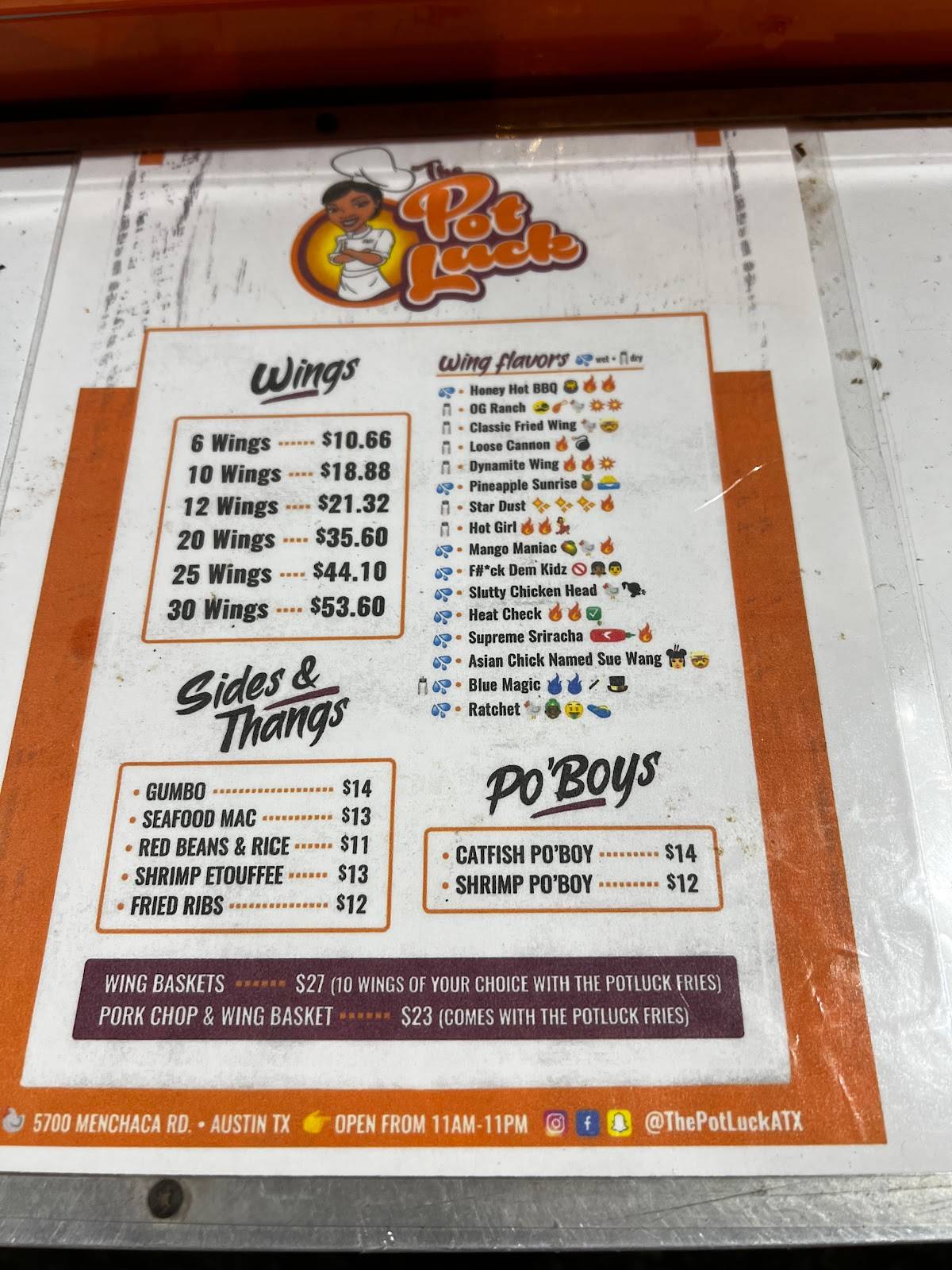 Menu at The Potluck restaurant, Austin