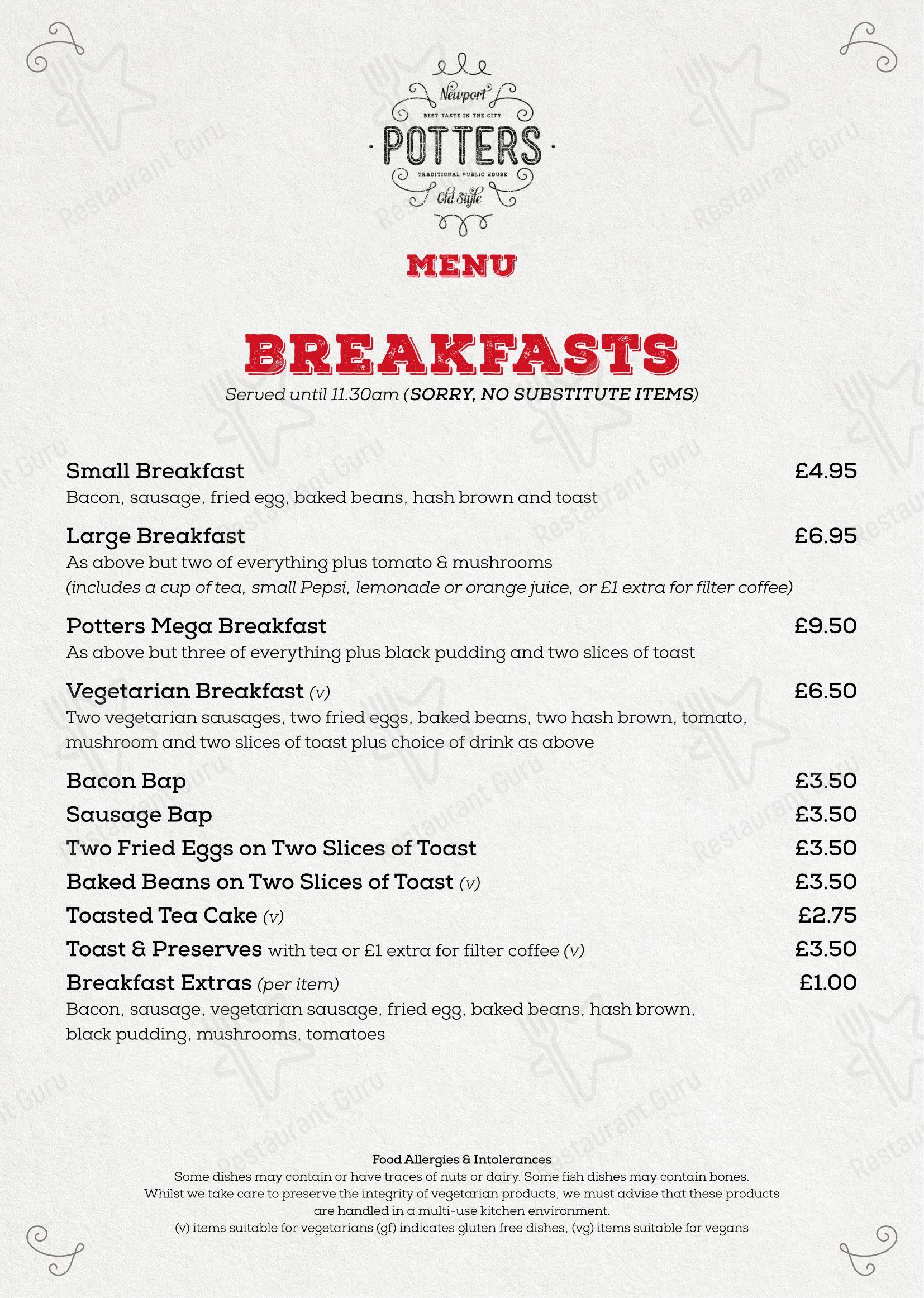 Menu at The Potters pub & bar, Newport