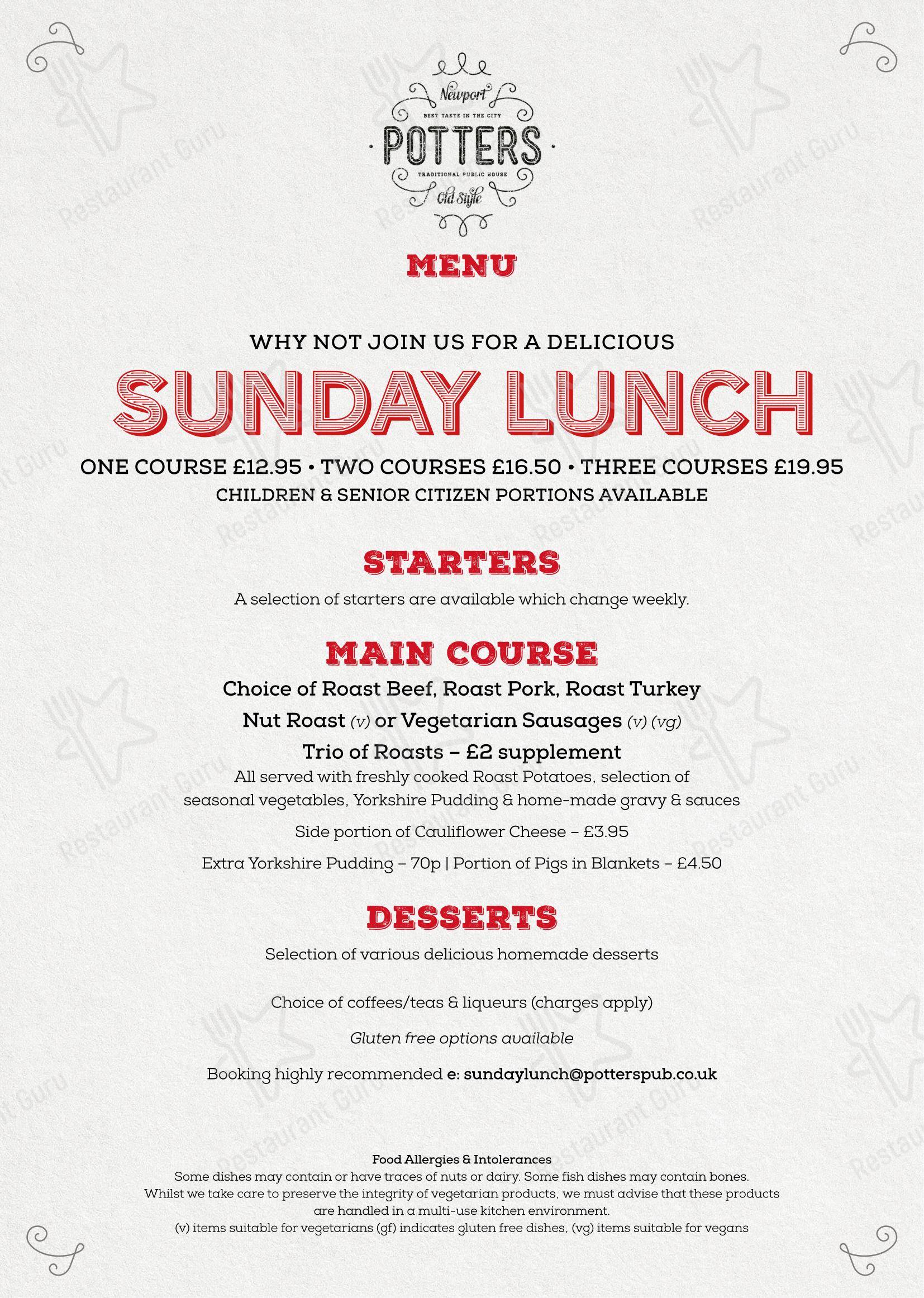 Menu at The Potters pub & bar, Newport