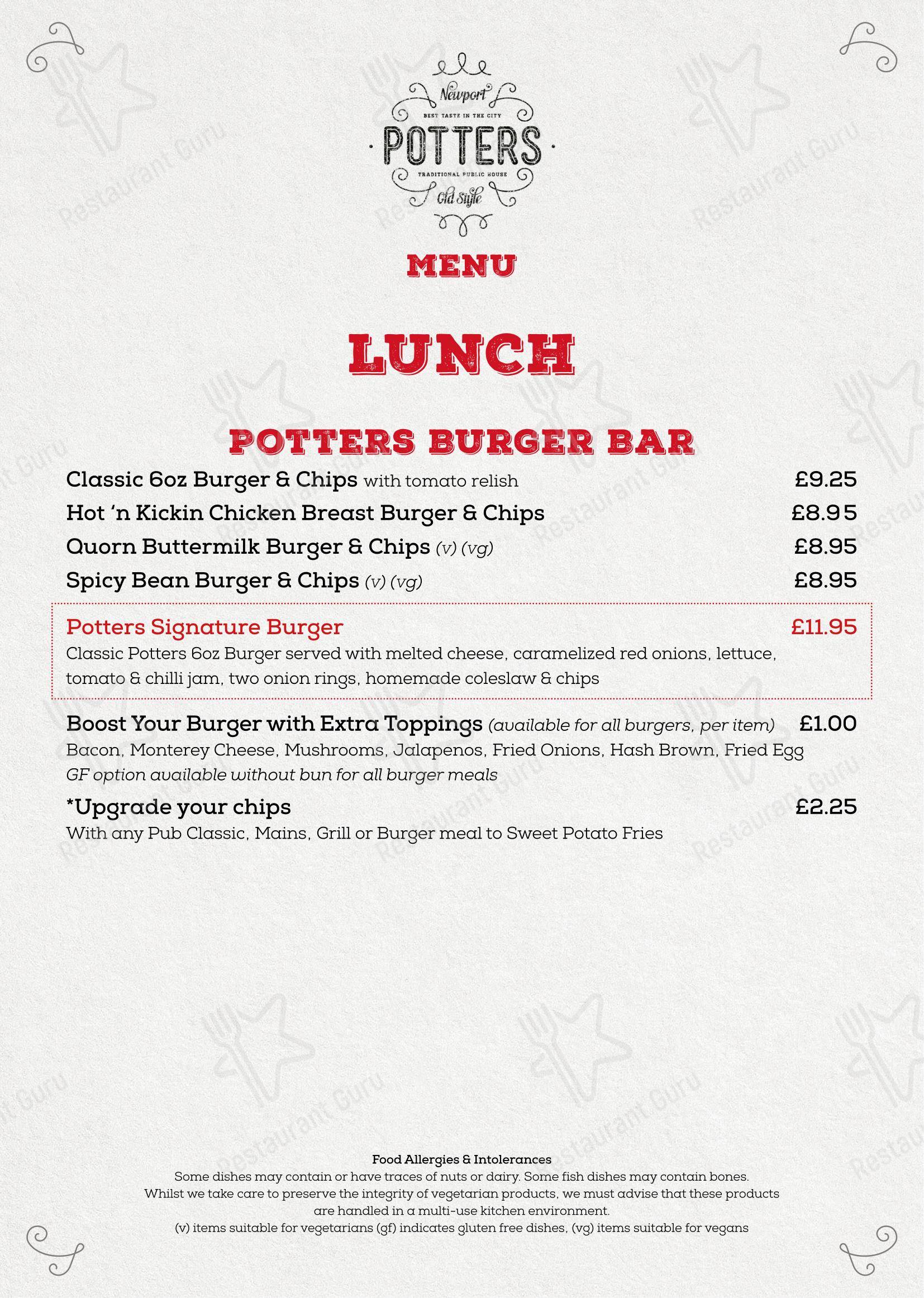 Menu at The Potters pub & bar, Newport