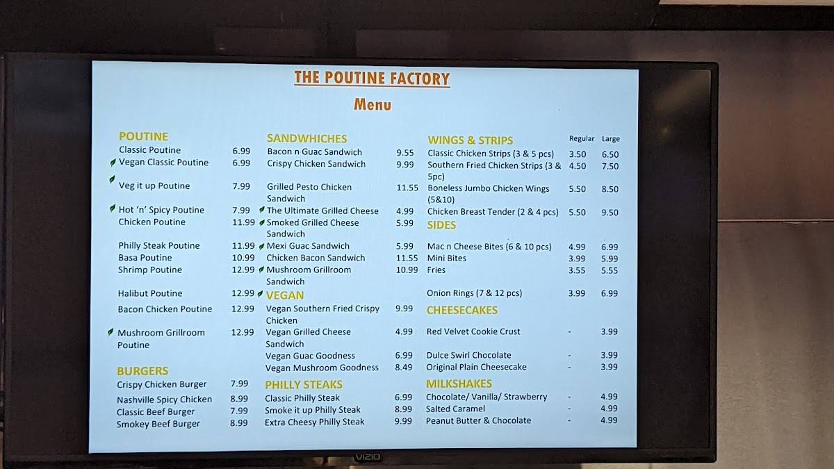 Menu at The Poutine Factory restaurant, Toronto