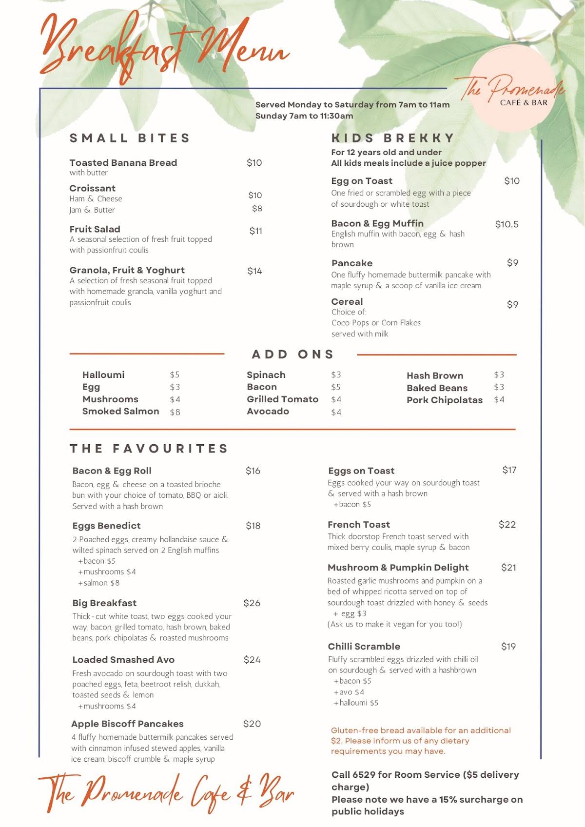 Menu at The Promenade Cafe and Bar, Surfers Paradise