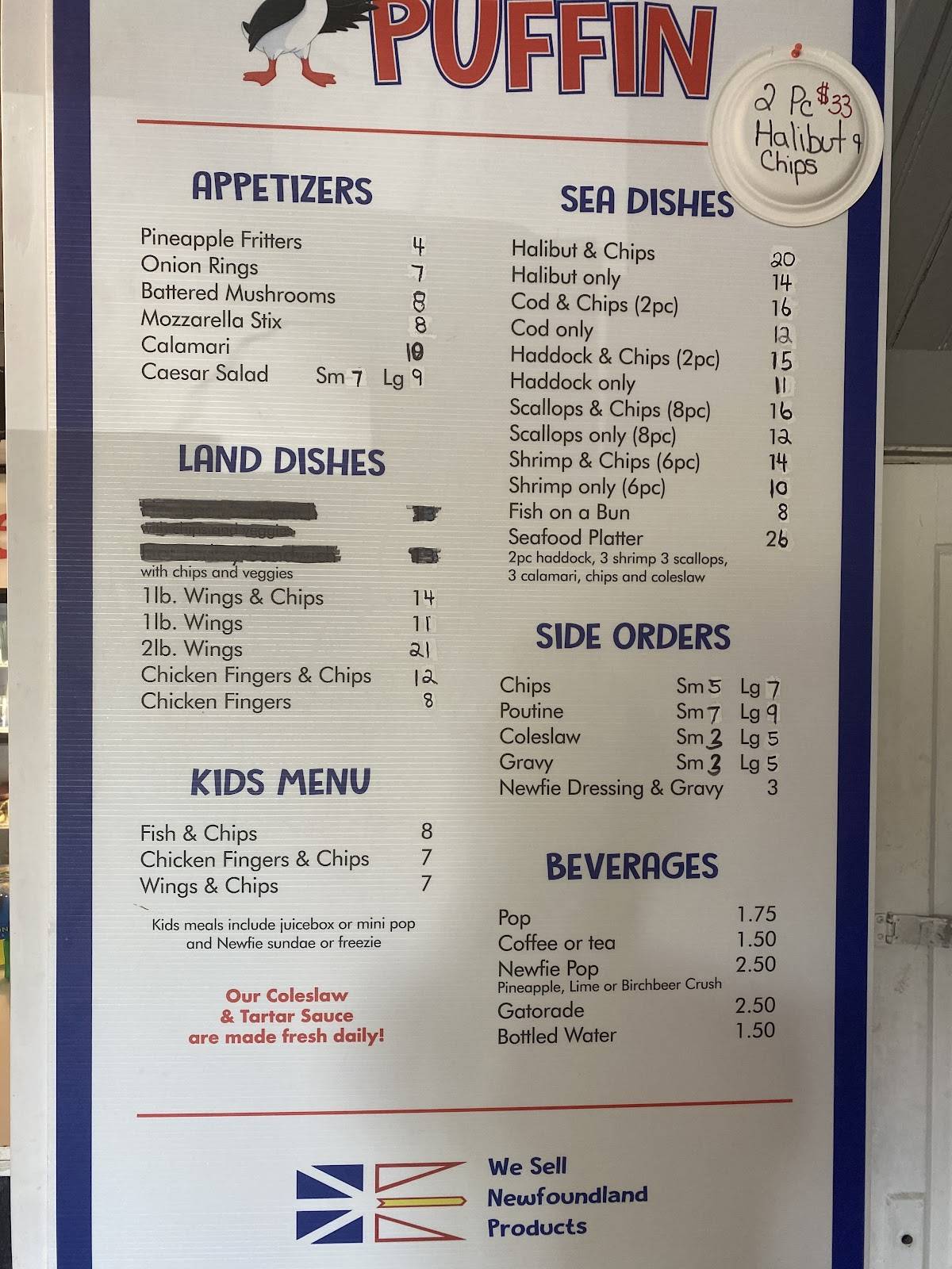 Menu at The Puffin restaurant, Canada
