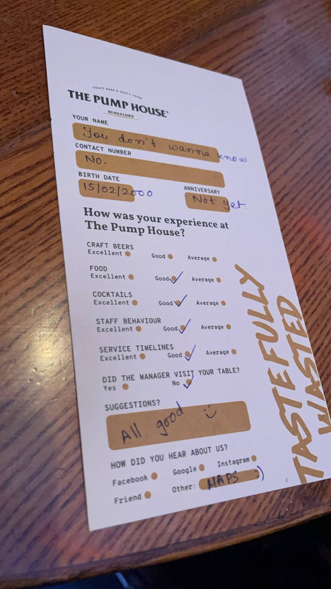 Menu at The Pump House, Bengaluru, 607
