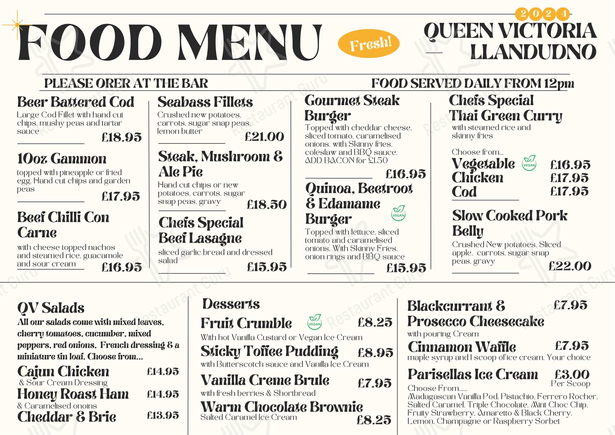 Carta de The Queen Victoria Bar and Restaurant, Llandudno