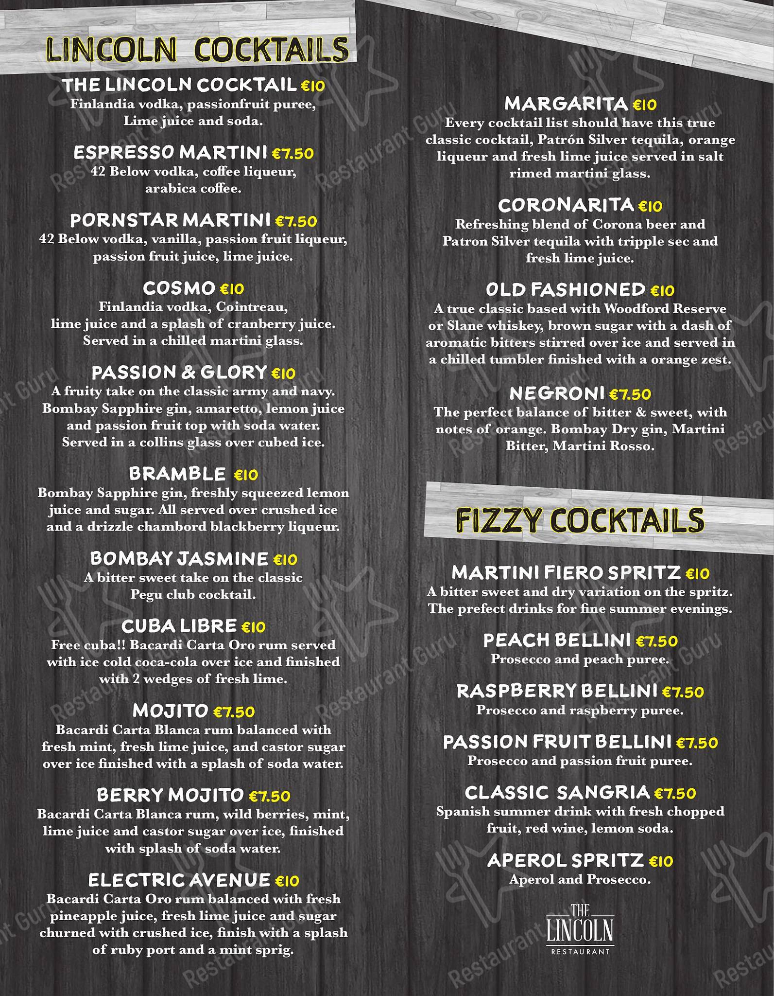 Menu at The Railway Bar & Lincoln's Sligo, Sligo