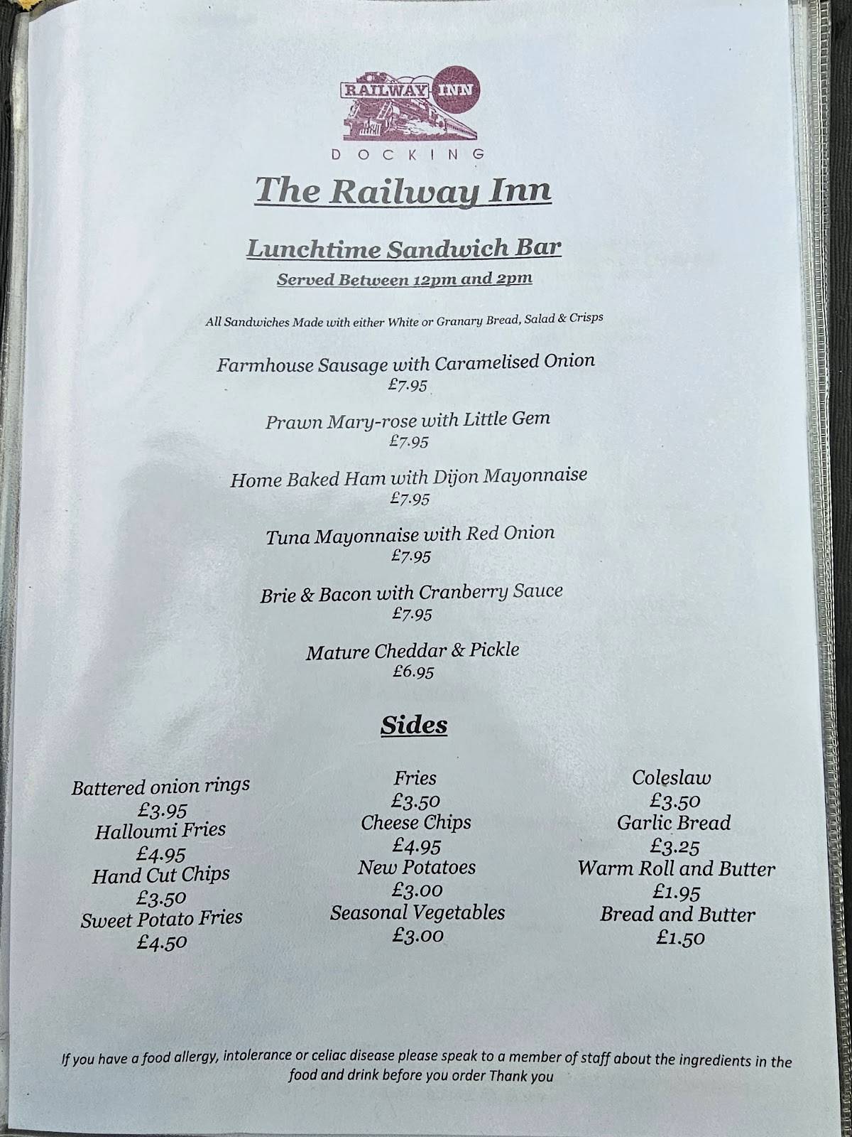 Menu at The Railway Inn pub & bar, Docking