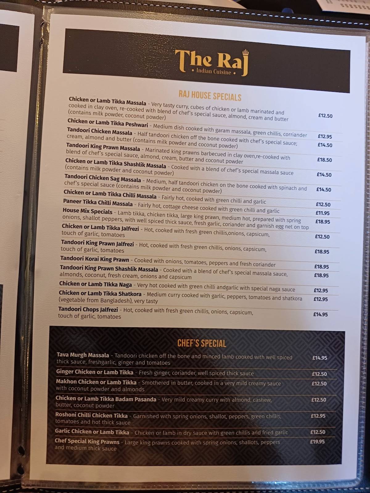 Menu at The Raj restaurant, Watton