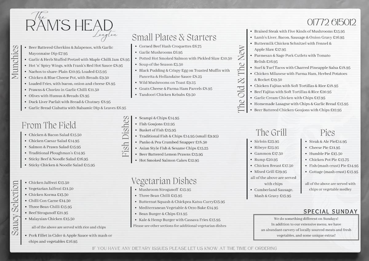 Menu at The Rams Head restaurant, Preston