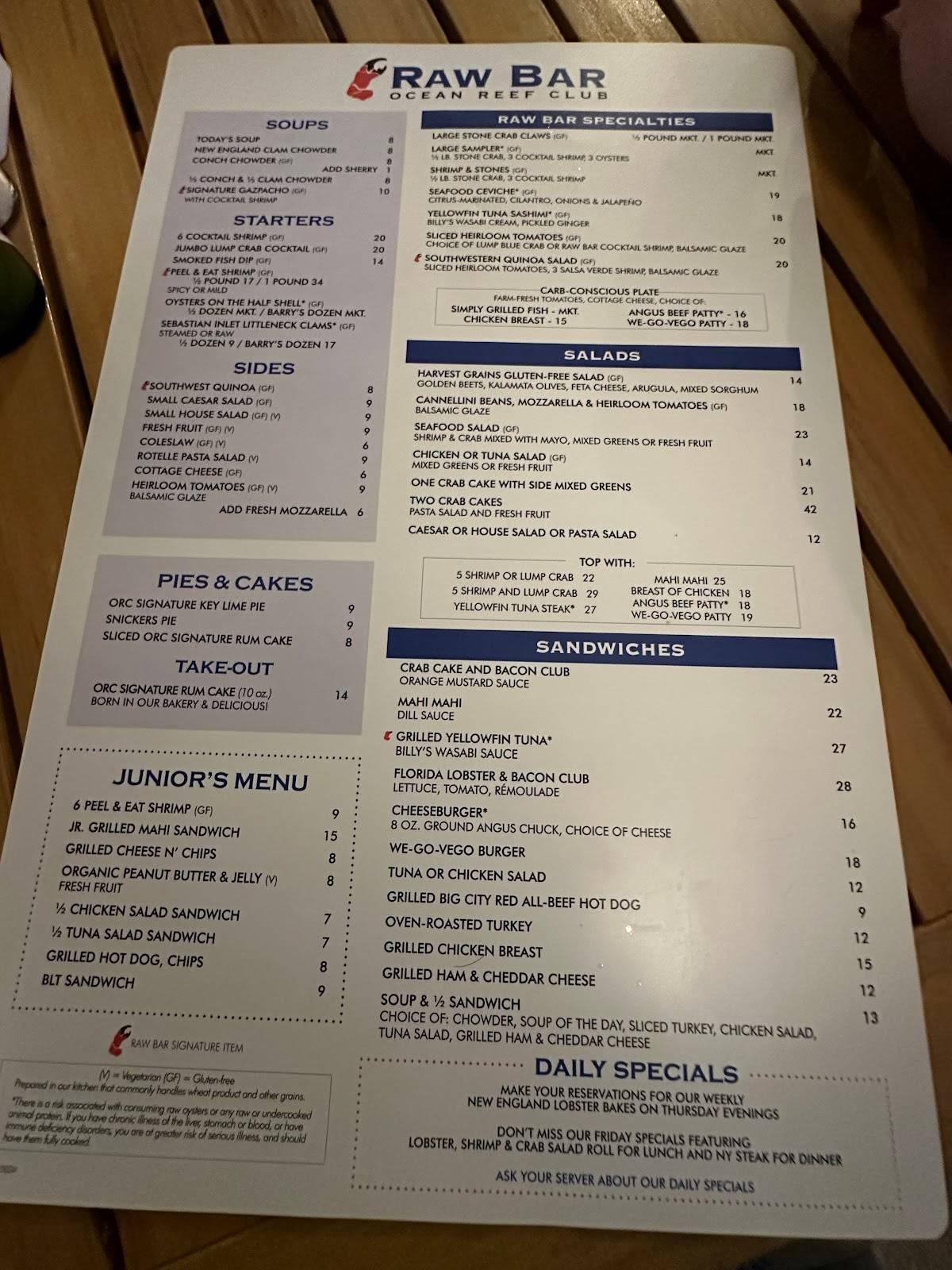 Menu at The Raw Bar, North Key Largo, 1 Fishing Village Dr
