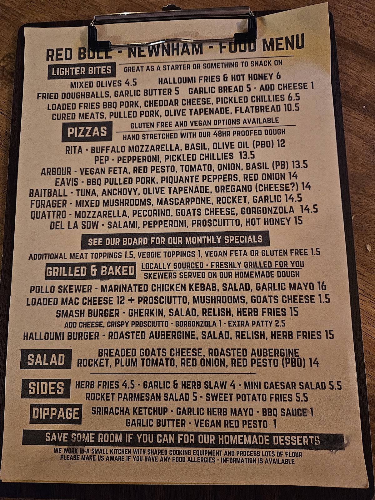 Menu at The Red Bull Newnham pub & bar, Cambridge
