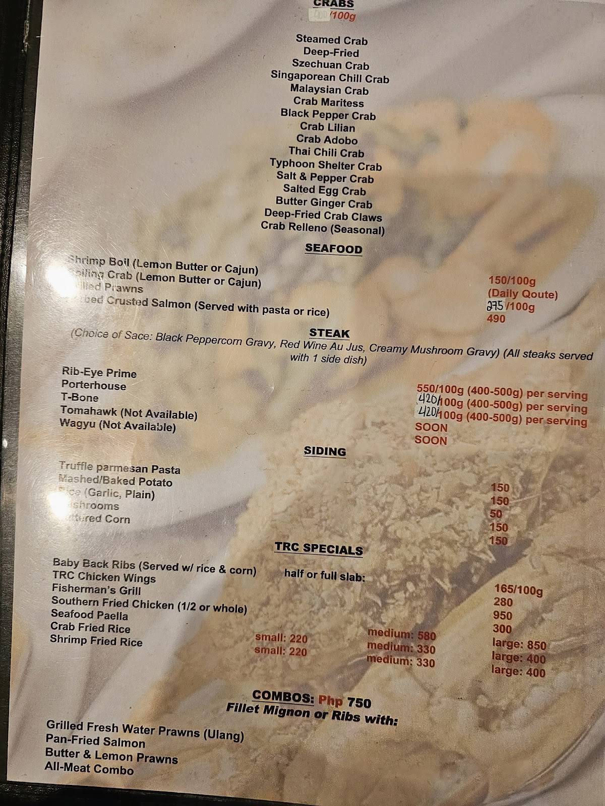 Menu at The Red Crab restaurant, Mabalacat, 5GJC+HG3