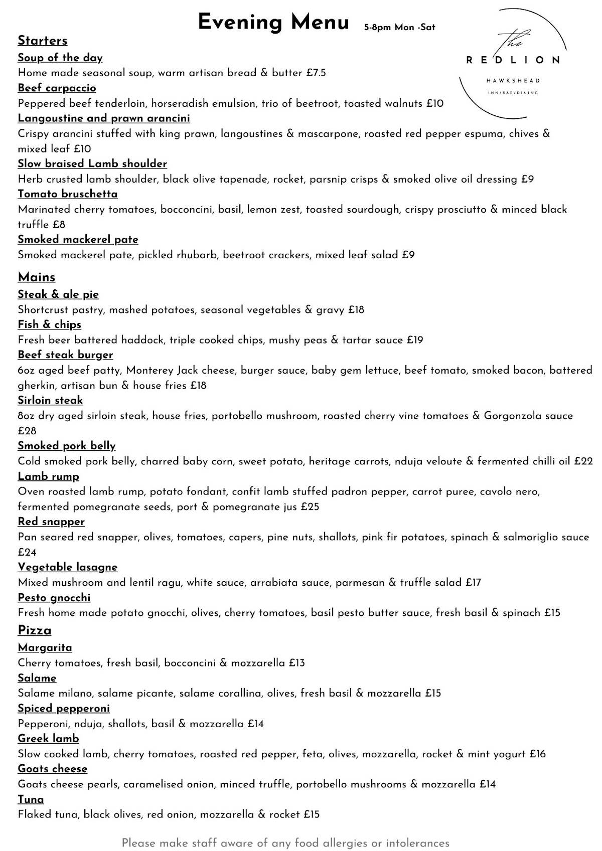 Menu at The Red Lion Inn pub & bar, Lakes, Main St