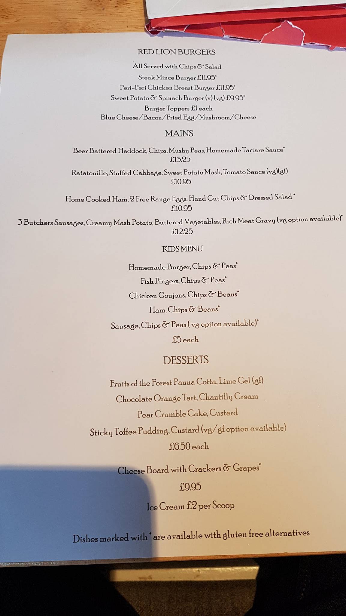Menu at The Red Lion pub & bar, Kilsby, 26 Main Rd
