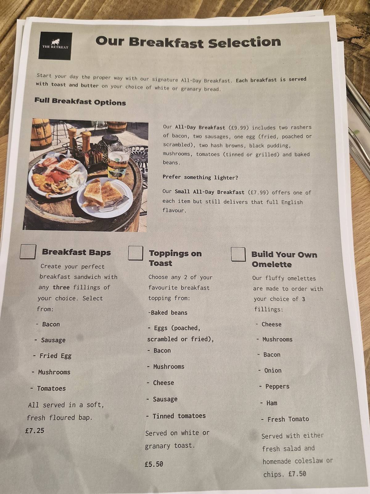 Menu at The Retreat pub & bar, Ledbury