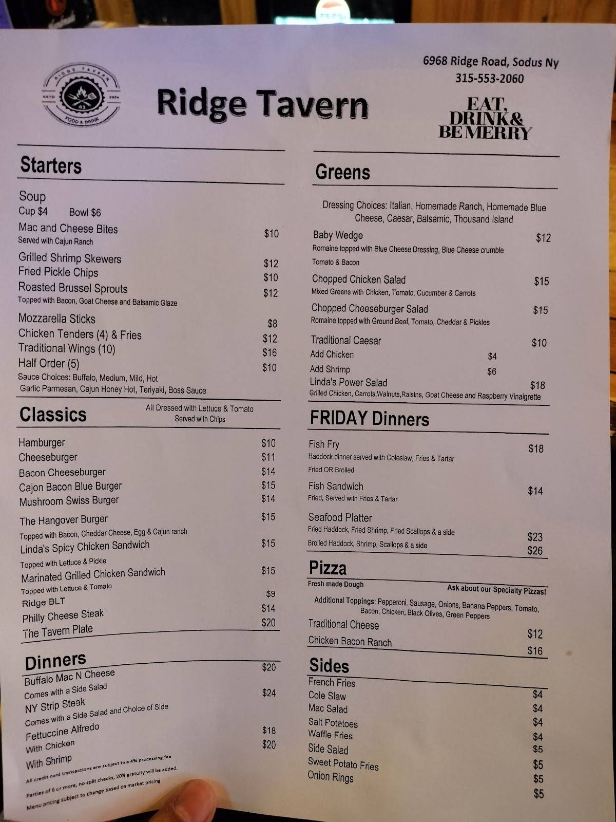 Menu at The Ridge Tavern pub & bar, Sodus, Ridge Rd