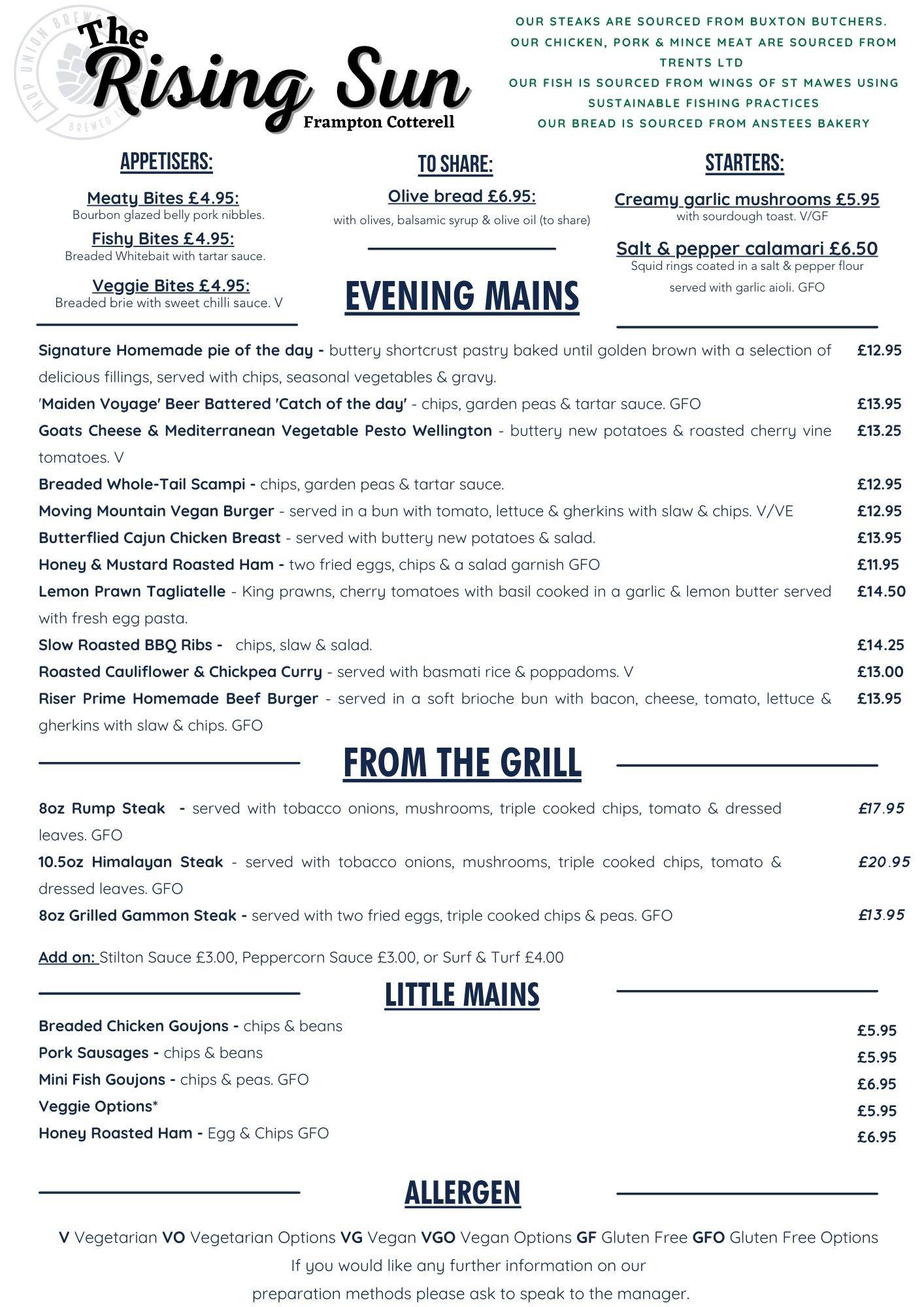 Menu at The Rising Sun pub & bar, Bristol, Ryecroft Rd