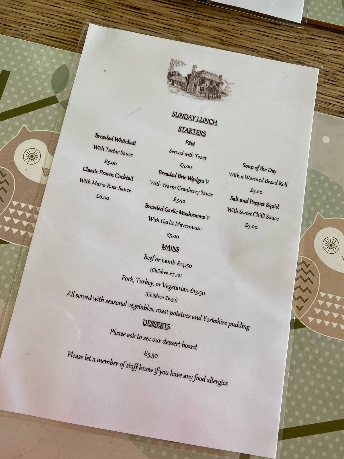Menu at The Rock Cross Inn pub & bar, Bewdley, Rock Village Porchbrook Road