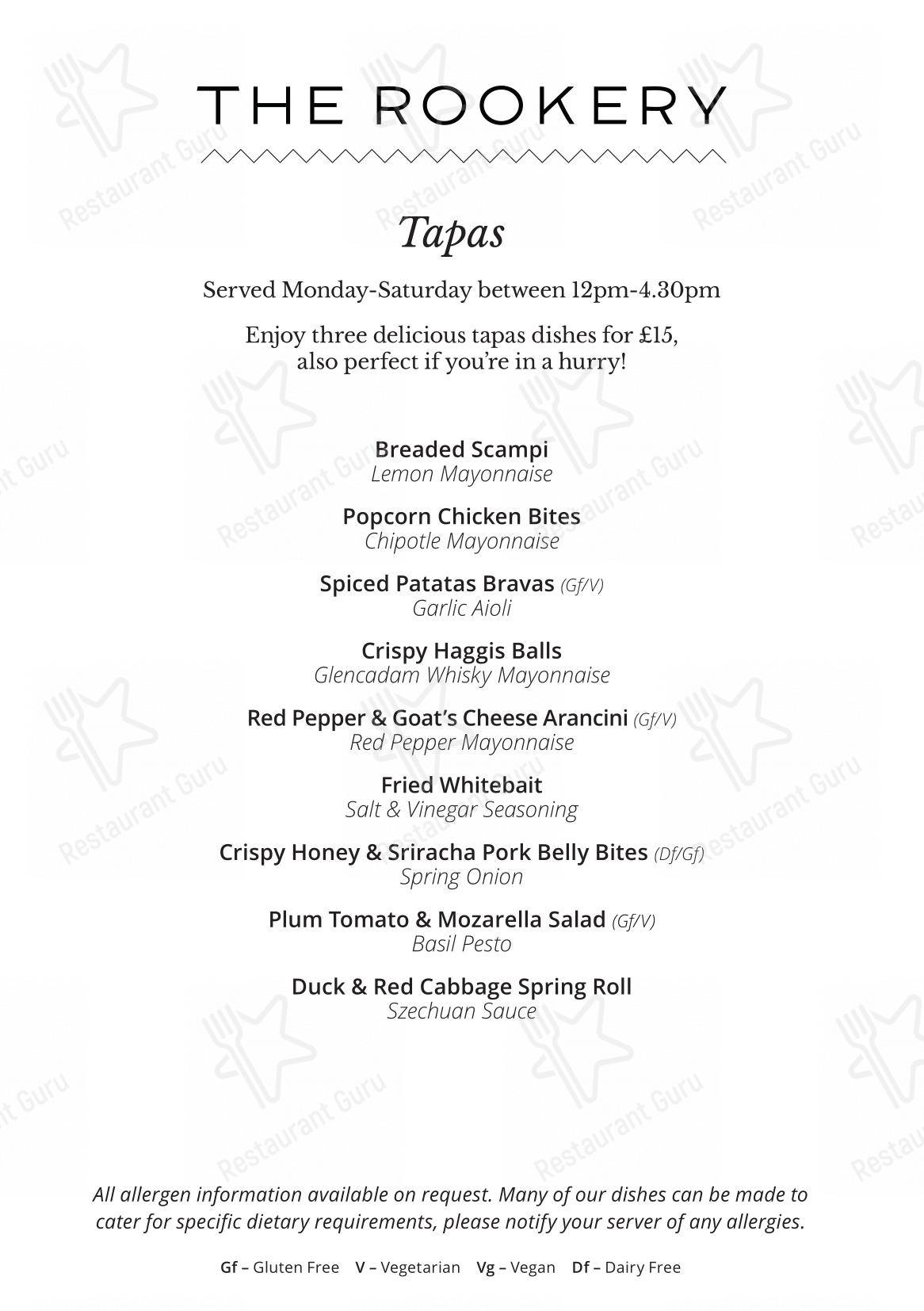 Menu at The Rookery restaurant, Carnoustie