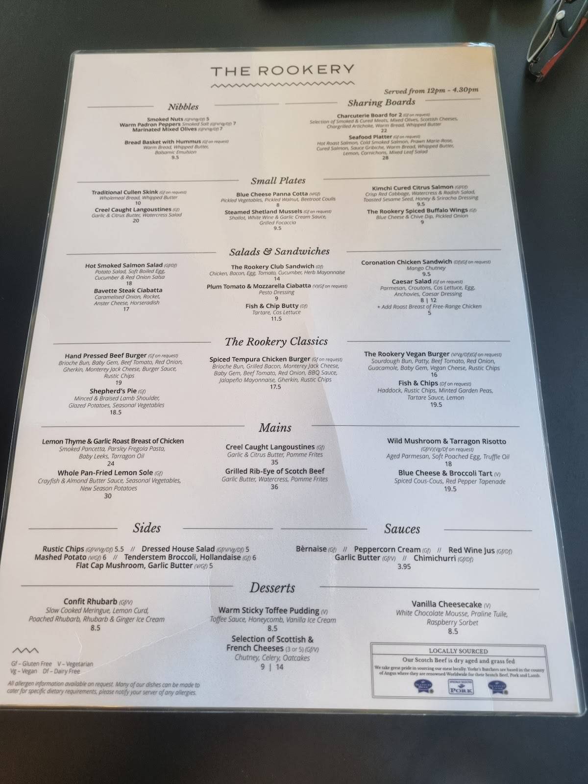 Menu at The Rookery restaurant, Carnoustie