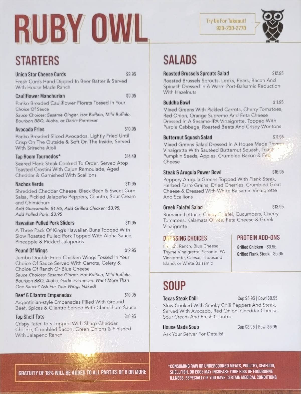 Menu at The Ruby Owl Tap Room pub & bar, Oshkosh