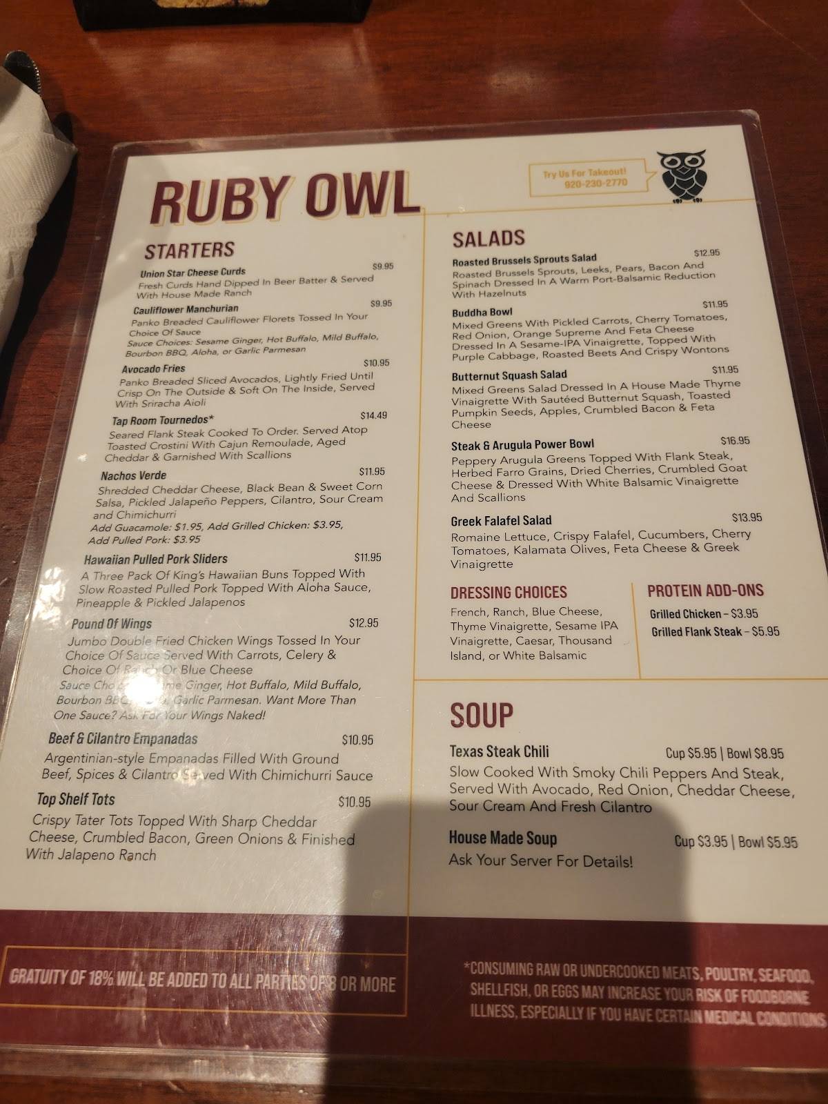 Menu at The Ruby Owl Tap Room pub & bar, Oshkosh