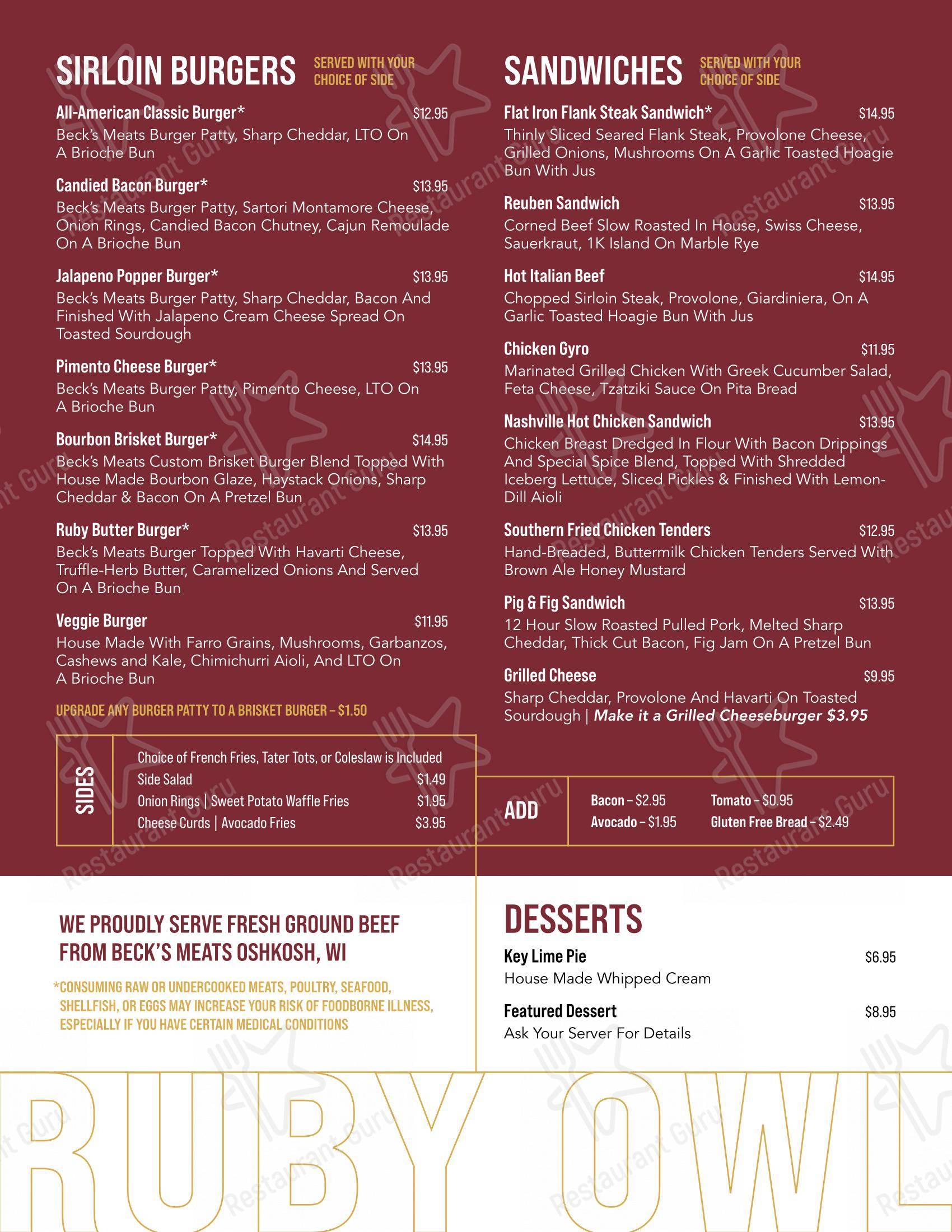 Menu at The Ruby Owl Tap Room pub & bar, Oshkosh