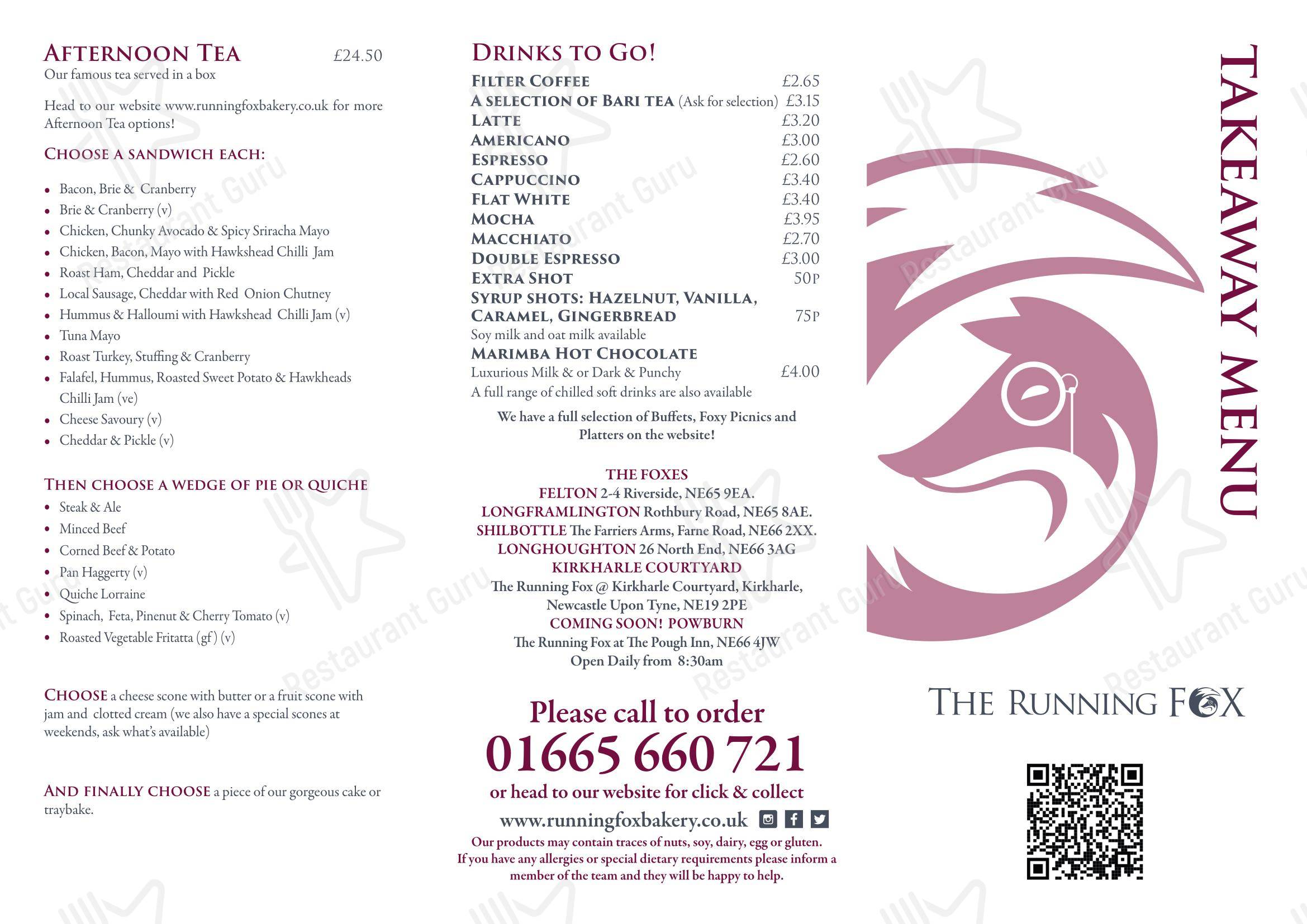 Menu at The Running Fox cafe, Felton