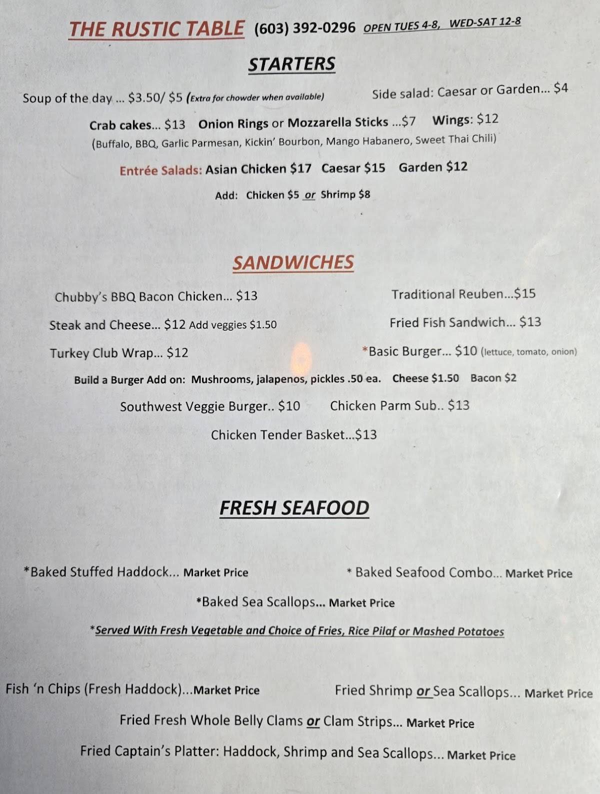Menu at The Rustic Table restaurant, Winchester