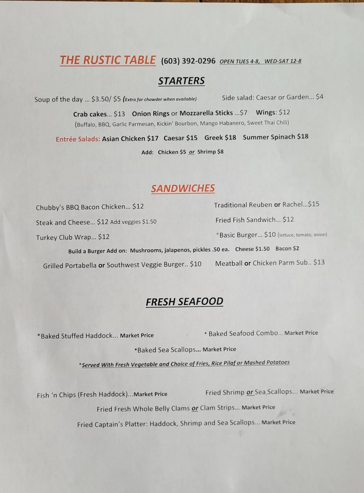 Menu at The Rustic Table restaurant, Winchester