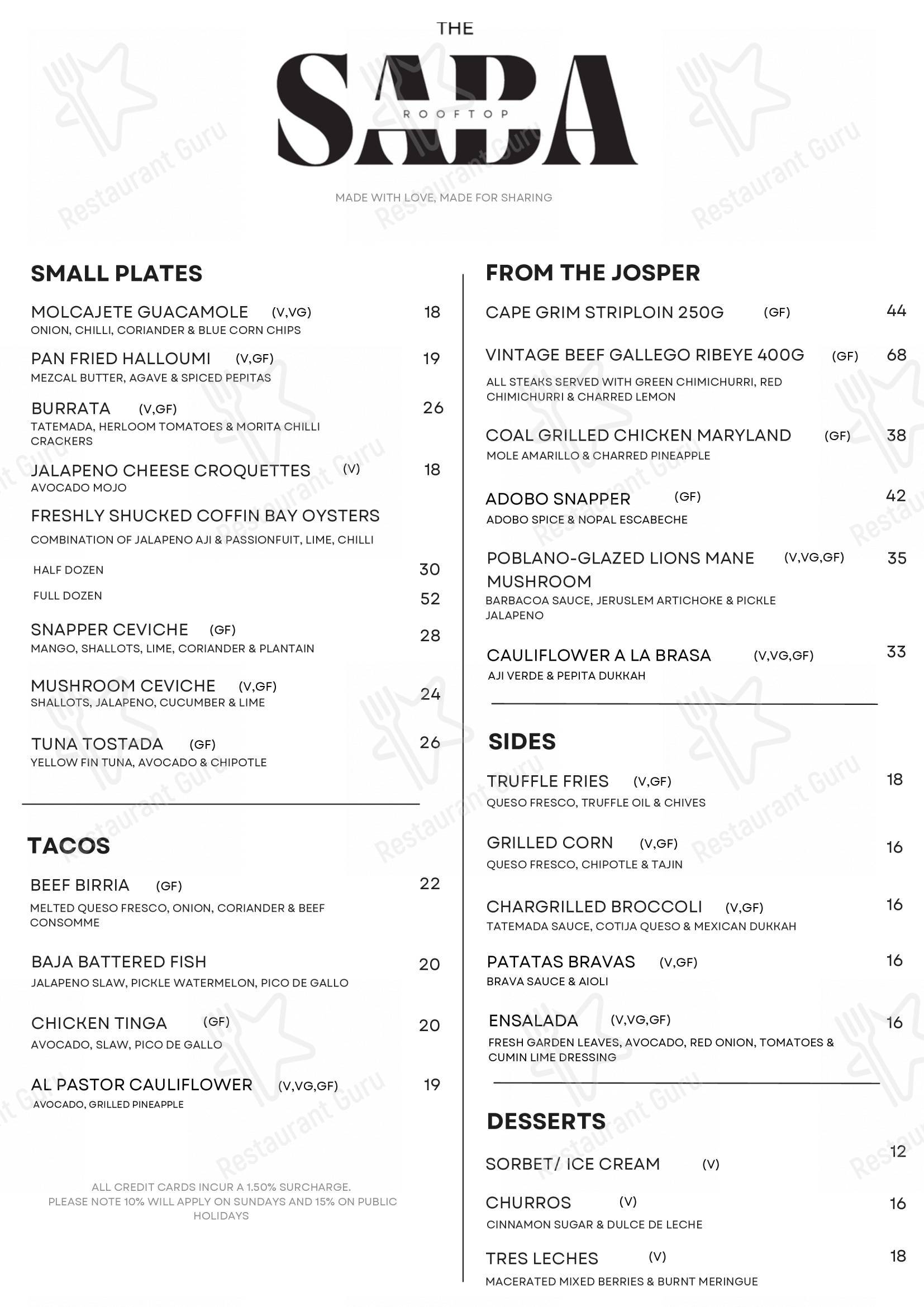 Menu at The Saba Rooftop restaurant, Port Melbourne