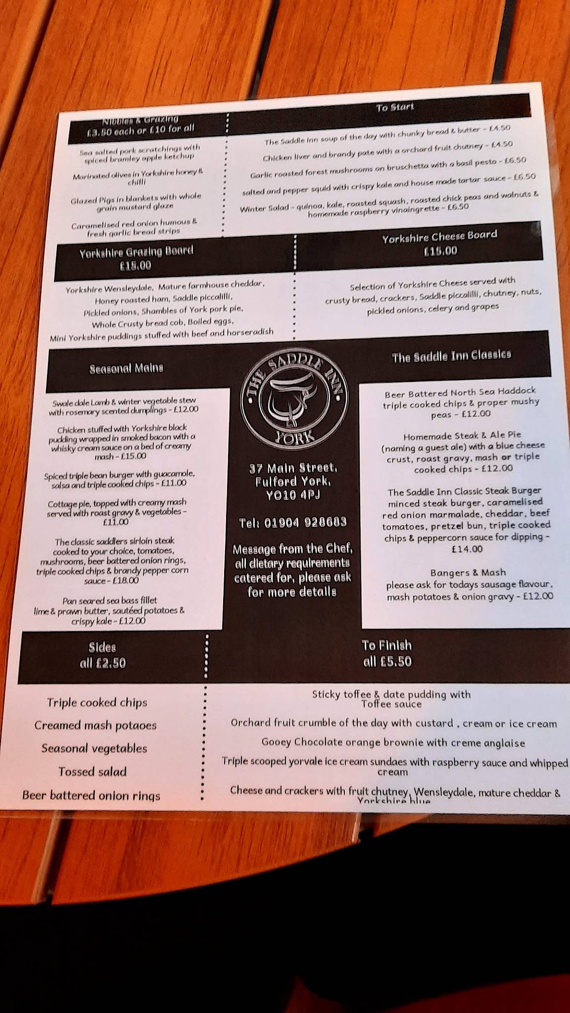 Menu at The Saddle Inn pub & bar, York